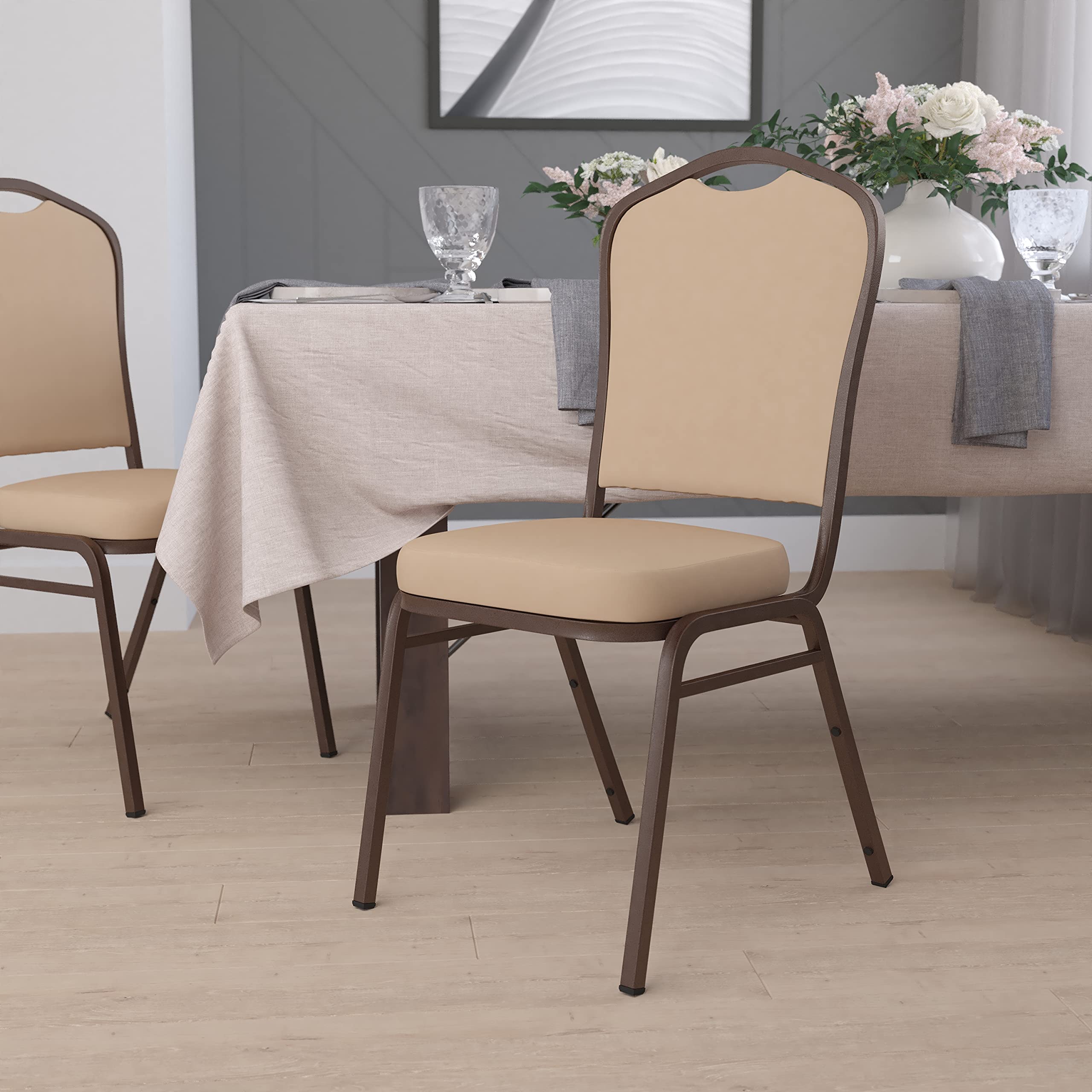 EMMA + OLIVER Crown Back Stacking Banquet Chair in Tan Vinyl - Copper Vein Frame