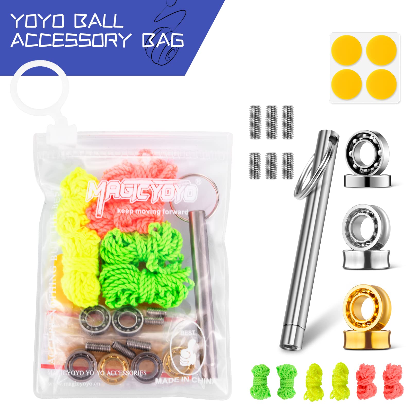 MAGICYOYO Complete Yoyo Bearing Pack, 10 Ball Golden Unresponsive Yoyo Bearing + Size C 8 Ball Yoyo Bearing + Narrow C Responsive Yoyo Bearing + Bearing Removal Tool + 6 Yoyo Strings + 6 Yoyo Axles