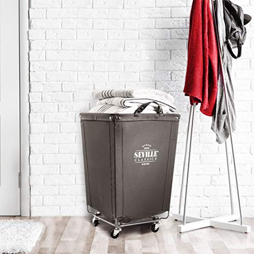 Seville Classics Large Commercial Heavy Duty Rolling Steel Frame Laundry Hamper Canvas Cart Bin w/Wheels for Hotel, Home, Closet, Bedroom (Patented), 18.1" D x 18.1" W, Gray