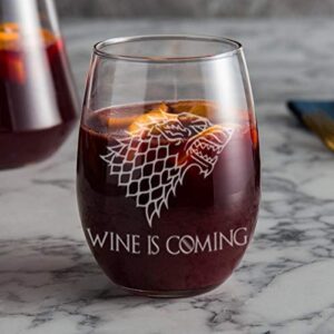 game of thrones merchandise - wine is coming stemless wine glass - 21 oz large permanently etched, dishwasher safe glass - ready for gifting! christmas gift for game of thrones fan