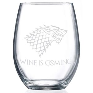 Game of Thrones Merchandise - Wine is Coming Stemless Wine Glass - 21 oz Large Permanently Etched, Dishwasher Safe Glass - Ready for Gifting! Christmas Gift for Game of Thrones fan