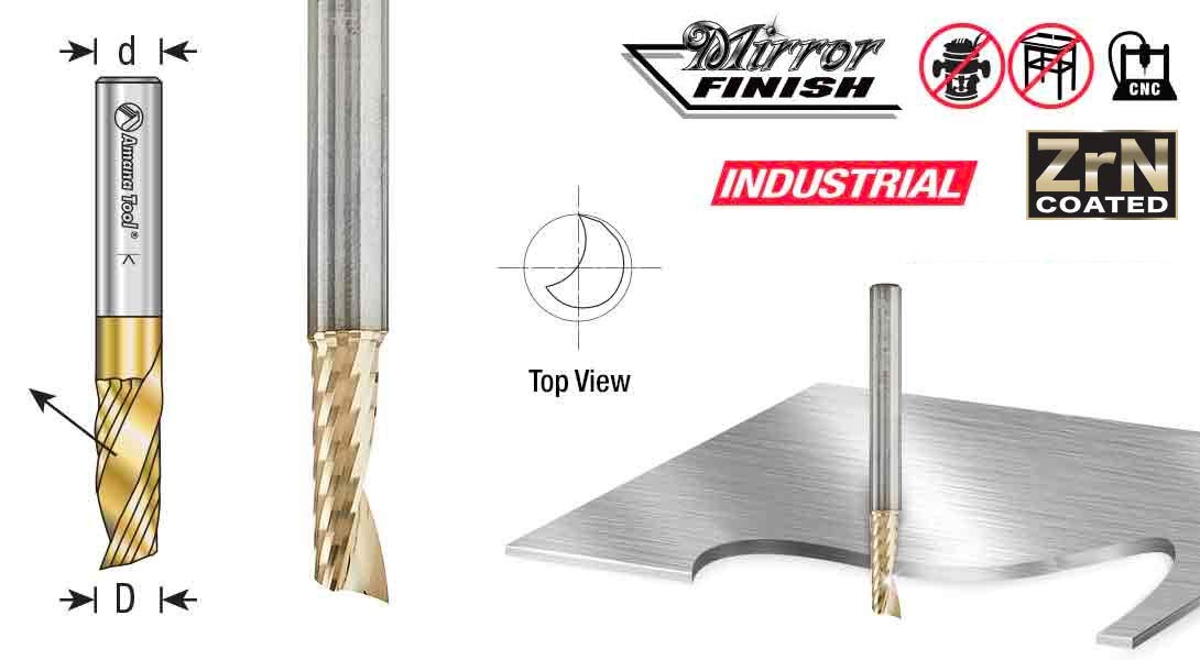 Amana Tool 51481-Z CNC SC Spiral O Single Flute Aluminum Cutting 1/4 D x 1-1/4 CH x 1/4 SHK x 3 Inch Long Up-Cut ZrN Coated Router Bit withMirror Finish