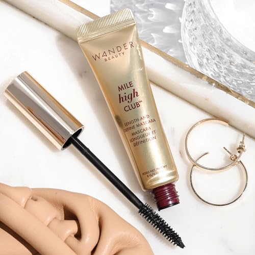 Wander Beauty Mile High Club Length + Define Black Mascara - Smudge-Proof, Lash Lengthening Mascara for a Full, Fanned Out Effect - Castor Oil + Peach Leaf Conditions & Strengthens - 0.31 fl oz