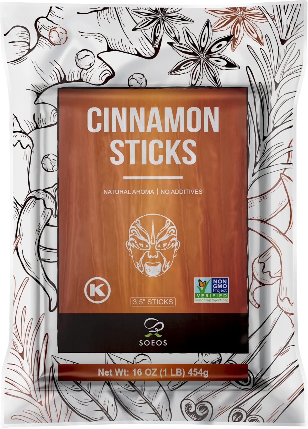 Soeos Cinnamon Sticks, 16 oz (Pack of 1), Cinnamon, Ground Cinnamon, Cinnamon Sticks, 100% Raw, Non-GMO, Kosher Certified, Cinnamon Seasoning Spice for Coffee, Baking, Cooking and Beverages