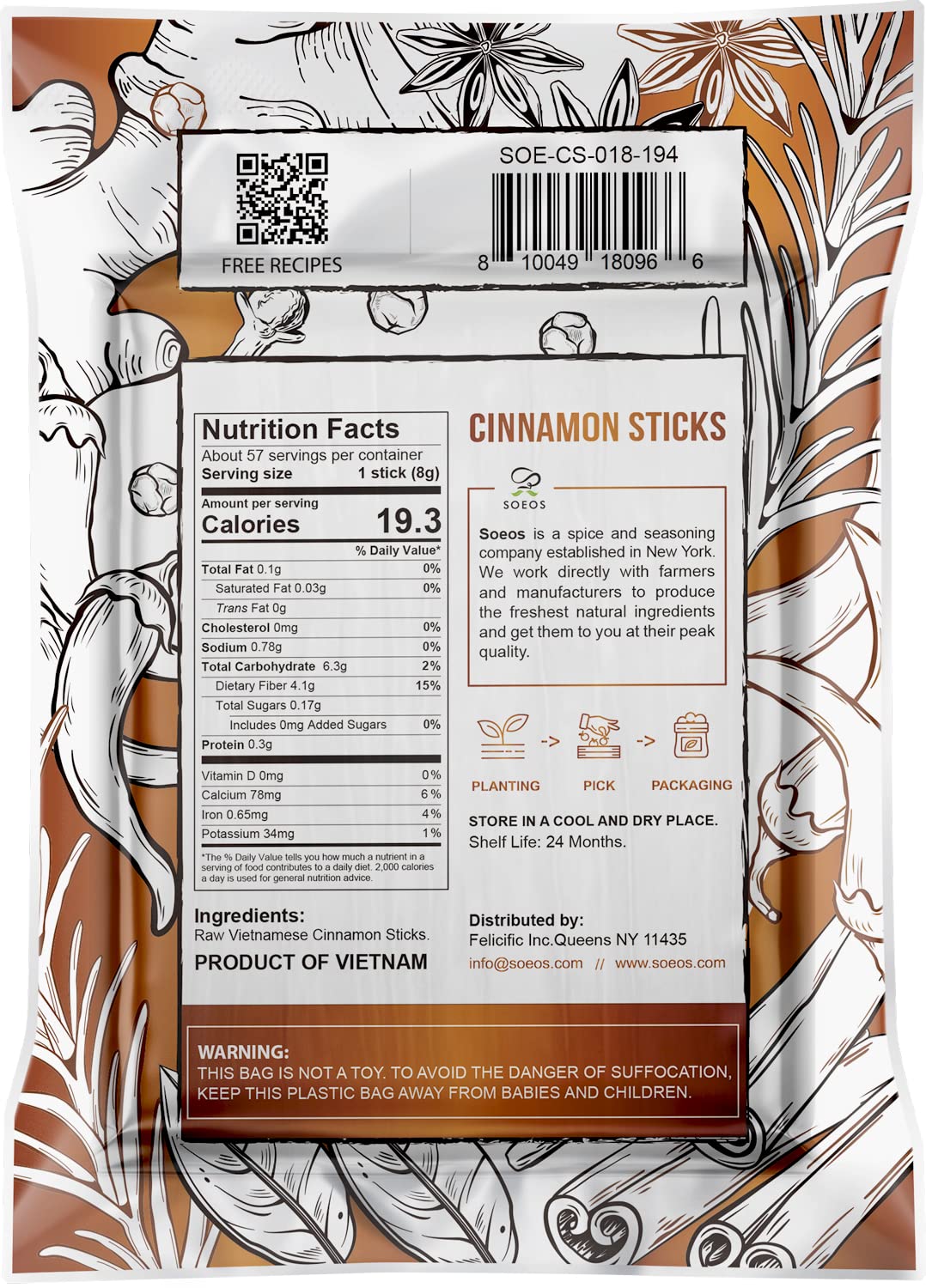 Soeos Cinnamon Sticks, 16 oz (Pack of 1), Cinnamon, Ground Cinnamon, Cinnamon Sticks, 100% Raw, Non-GMO, Kosher Certified, Cinnamon Seasoning Spice for Coffee, Baking, Cooking and Beverages