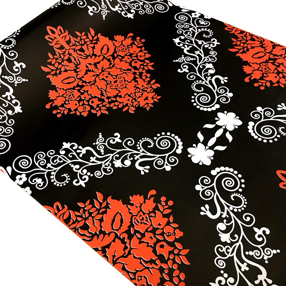 REDODECO Vintage Black Red Damask Adhesive Paper Shelf Liner Peel Stick Dresser Drawer Sticker Home Deco Wallpaper 17.7inch by 100inch