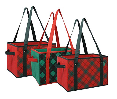 Earthwise Deluxe Collapsible Reusable Shopping Box Grocery Bag Set with Reinforced Bottom Plaid Holiday Xmas Christmas Design Storage Boxes Bins Cubes (Set of 3) (Holiday)