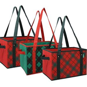 Earthwise Deluxe Collapsible Reusable Shopping Box Grocery Bag Set with Reinforced Bottom Plaid Holiday Xmas Christmas Design Storage Boxes Bins Cubes (Set of 3) (Holiday)