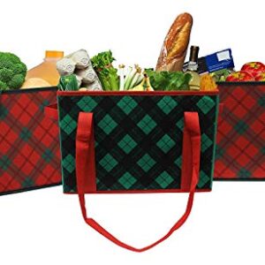 Earthwise Deluxe Collapsible Reusable Shopping Box Grocery Bag Set with Reinforced Bottom Plaid Holiday Xmas Christmas Design Storage Boxes Bins Cubes (Set of 3) (Holiday)