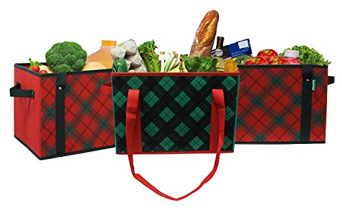 Earthwise Deluxe Collapsible Reusable Shopping Box Grocery Bag Set with Reinforced Bottom Plaid Holiday Xmas Christmas Design Storage Boxes Bins Cubes (Set of 3) (Holiday)