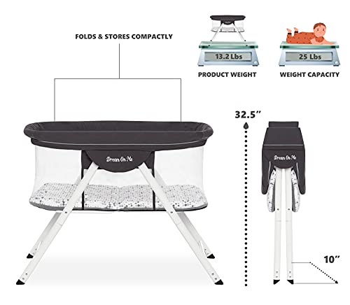 Dream On Me Poppy Traveler Portable Bassinet in Dark Grey, Lightweight, Spacious and Convenient Mesh Design, JPMA Certified, Easy to Clean and Fold Baby Bassinet - Carry Bag Included