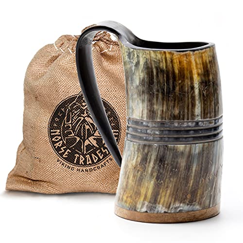 Norse Tradesman LG Viking Drinking Horn Mug - 100% Authentic Beer Horn Tankard With Hardwood Bottom & Ring Engravings | The Eternal, Low Polish, approx. 16 oz