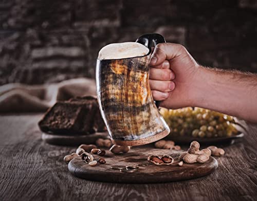 Norse Tradesman LG Viking Drinking Horn Mug - 100% Authentic Beer Horn Tankard With Hardwood Bottom & Ring Engravings | The Eternal, Low Polish, approx. 16 oz