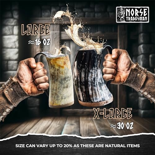 Norse Tradesman LG Viking Drinking Horn Mug - 100% Authentic Beer Horn Tankard With Hardwood Bottom & Ring Engravings | The Eternal, Low Polish, approx. 16 oz