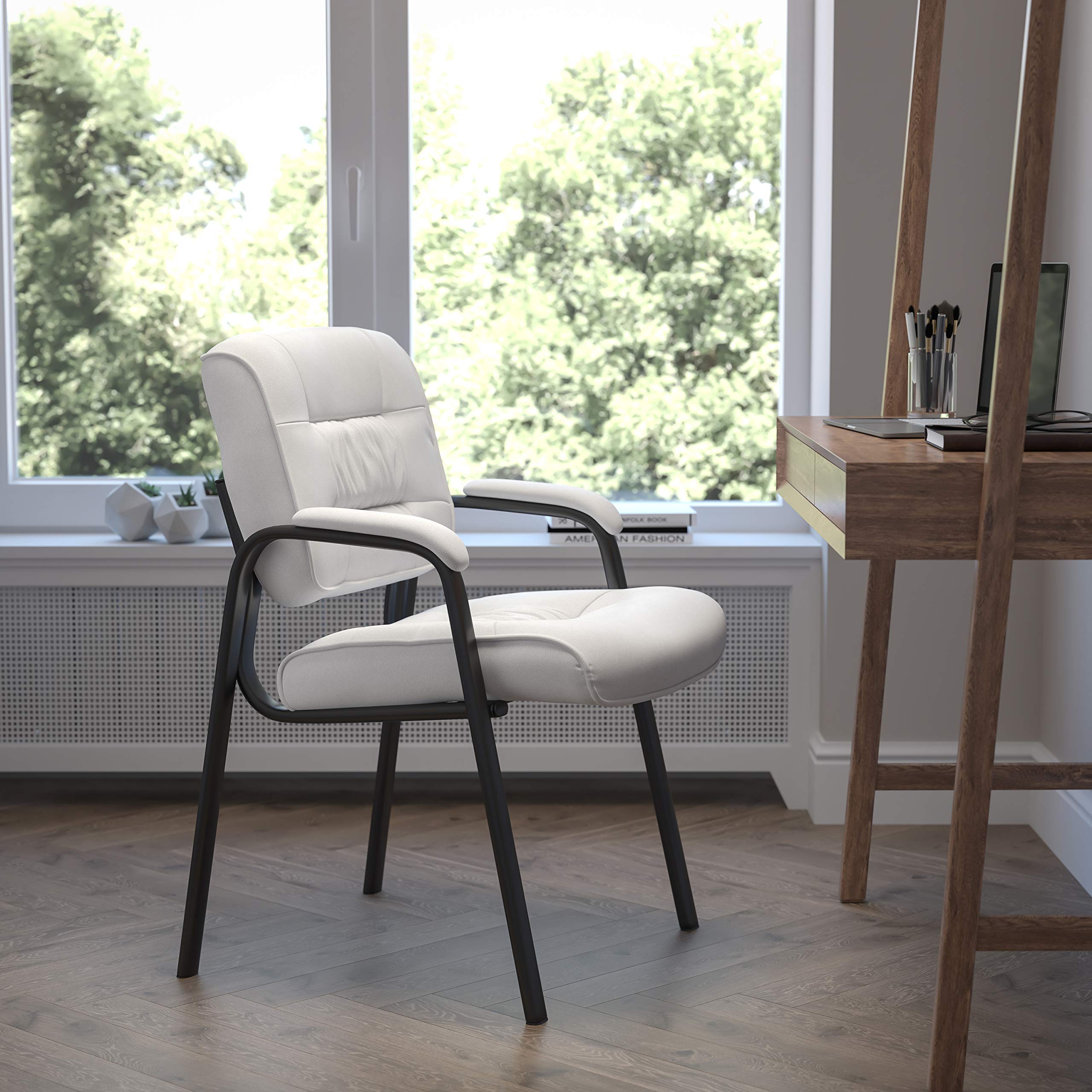 EMMA + OLIVER White LeatherSoft Executive Reception Chair with Black Metal Frame