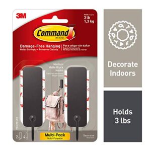 command medium decorative wall hooks, damage free hanging wall hooks with adhesive strips, no tools wall hooks for hanging decorations in living spaces, 2 black hooks and 4 command strips