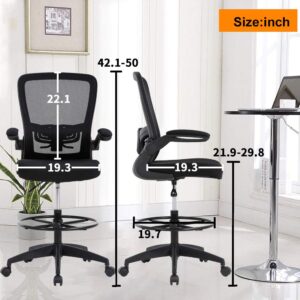 Drafting Chair Tall Office Chair Adjustable Height with Lumbar Support Flip Up Arms Footrest Mid Back Task Mesh Desk Chair Computer Chair Drafting Stool for Standing Desk, Black