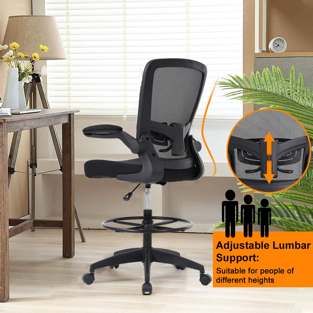 Drafting Chair Tall Office Chair Adjustable Height with Lumbar Support Flip Up Arms Footrest Mid Back Task Mesh Desk Chair Computer Chair Drafting Stool for Standing Desk, Black