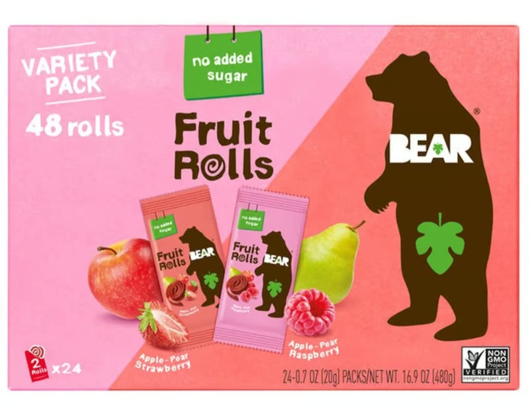 Bear Real Fruit Snack Rolls, Strawberry & Raspberry Variety Pack, 48 Roll (24pk, 2 rolls per Pack), Packaged with Bryant Desai Supplies Pen