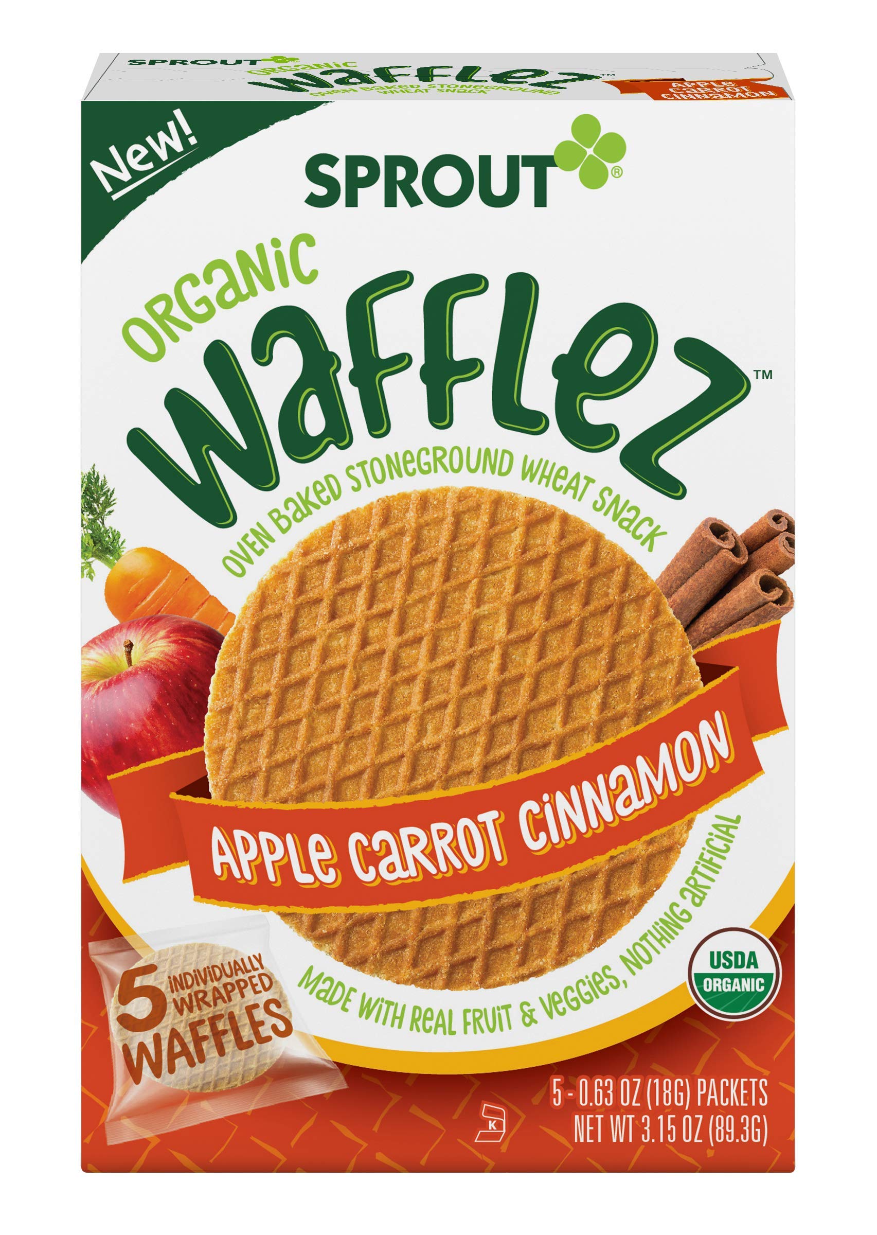 Sprout Organic Baby Food, Stage 4 Toddler Snacks, Apple Carrot Cinnamon Wafflez, Single Serve Waffles 5 Count(Pack of 1)