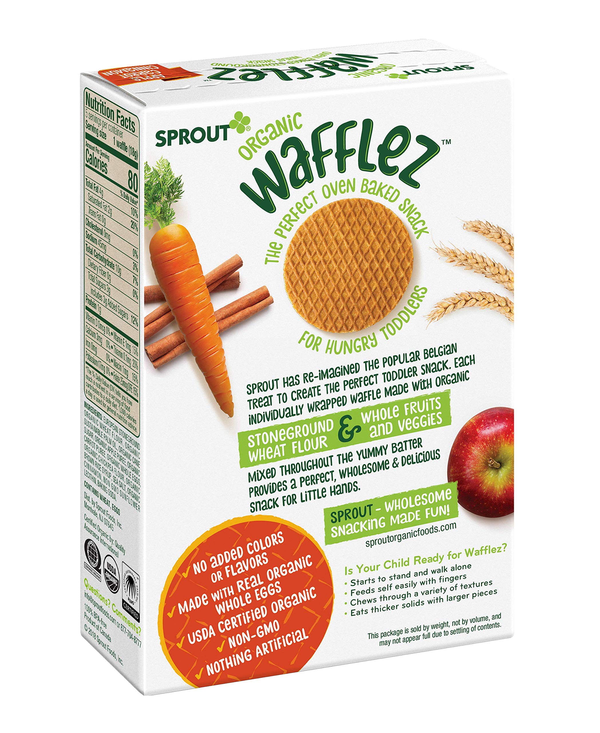 Sprout Organic Baby Food, Stage 4 Toddler Snacks, Apple Carrot Cinnamon Wafflez, Single Serve Waffles 5 Count(Pack of 1)