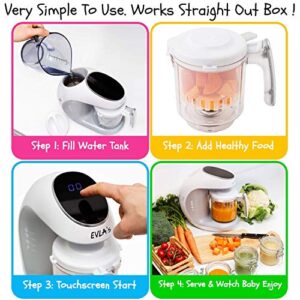 EVLA'S Baby Food Maker, Healthy Homemade Baby Food in Minutes, Steamer, Blender, Baby Food Processor, Touch Screen Control, includes 6 Reusable Food Pouches for Storage or Travel, White