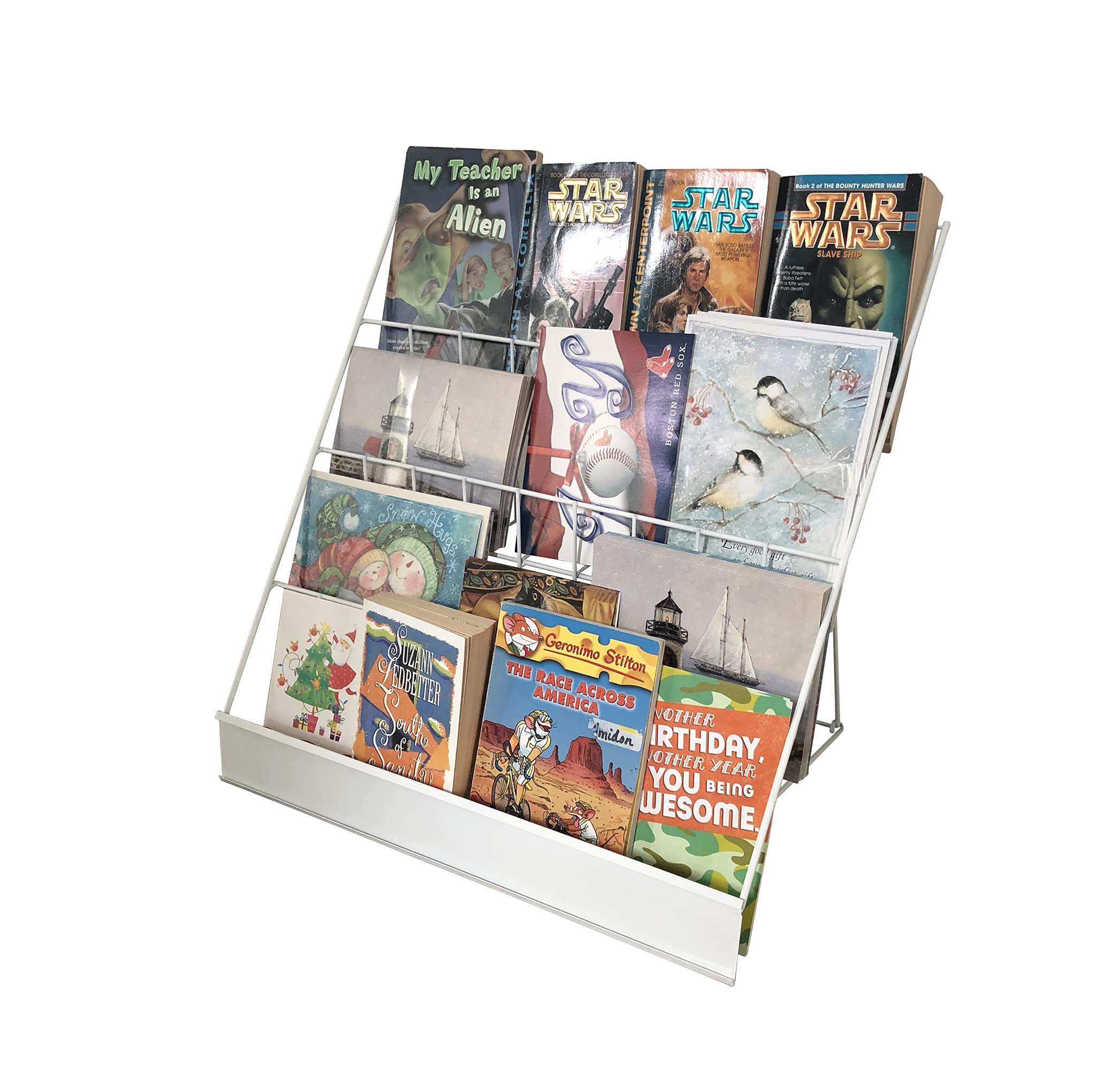 FixtureDisplays® 4-Tiered 18" Wire Display Rack Literature Brochure Magazine Stand Book Tabletop Rack, 2.5" Deep Open Shelves 11936-2WHITE