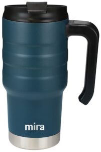 mira 20 oz stainless steel travel car mug with handle & spill proof twist on flip lid - vacuum insulated thermos tumbler keeps coffee, tea, drinks piping hot or ice cold - french blue