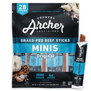 original mini jerky beef sticks by country archer, 100% grass-fed, gluten free, high protein snacks, .5 ounce, 28 count