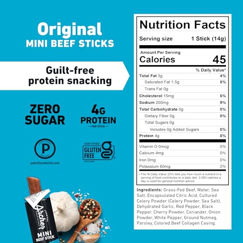 Original Mini Jerky Beef Sticks by Country Archer, 100% Grass-Fed, Gluten Free, High Protein Snacks, .5 Ounce, 28 Count