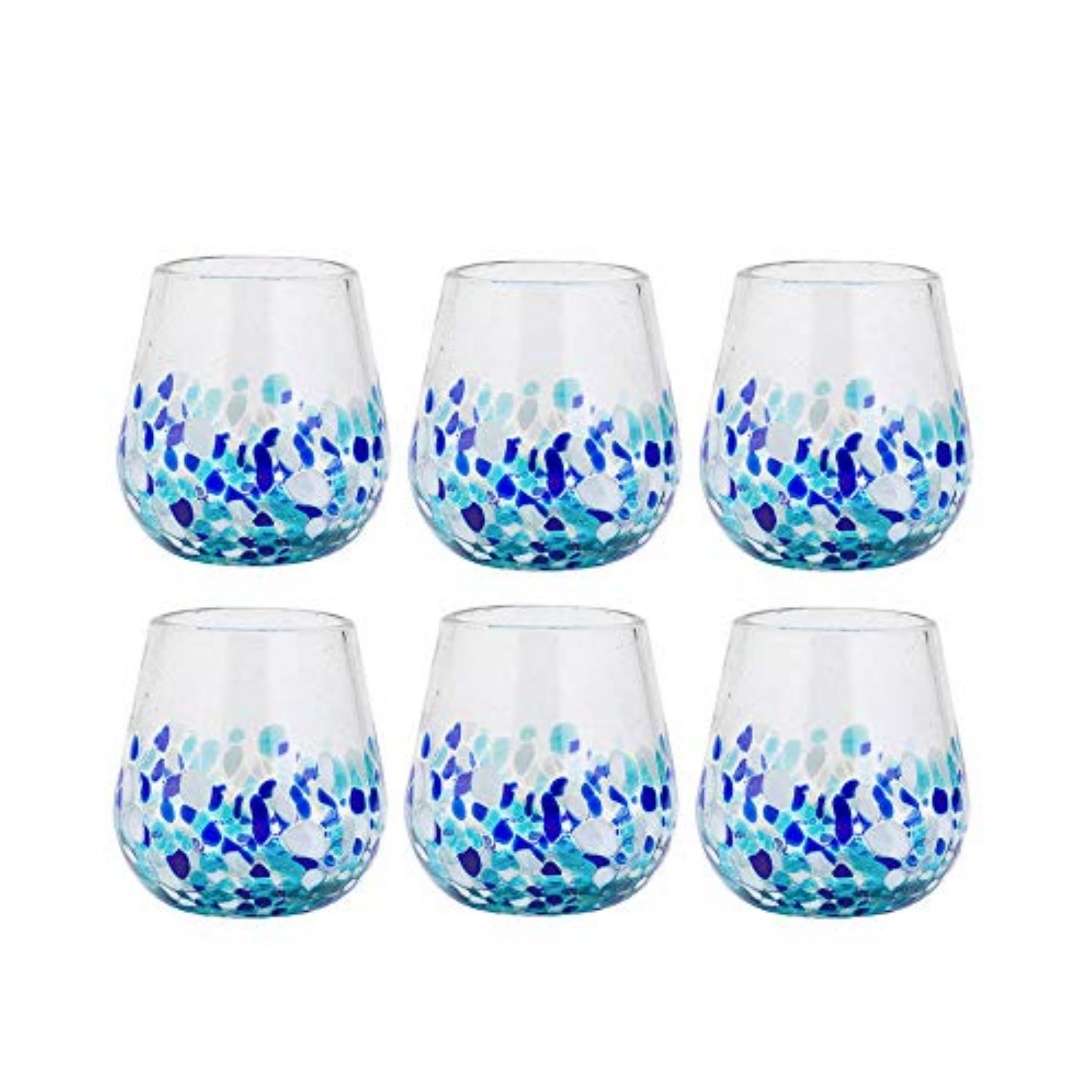 Amici Home Bahia Stemless Wine Glass | Set of 6 | Authentic Mexican Handmade Glassware | Blue and White Ombre | Wine Glasses for Red or White Wine, Cocktails | 16 Oz