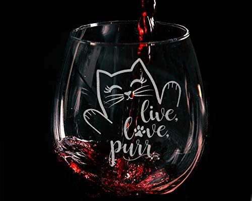 Cat Lovers Engraved Live Love Purr Stemless Wine Glass Kitchen Decor Cat Lady Accessories Birthday Mothers Day Fathers Gifts for Women Men