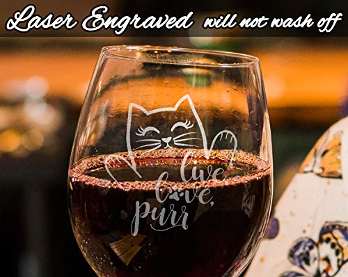 Cat Lovers Engraved Live Love Purr Stemless Wine Glass Kitchen Decor Cat Lady Accessories Birthday Mothers Day Fathers Gifts for Women Men