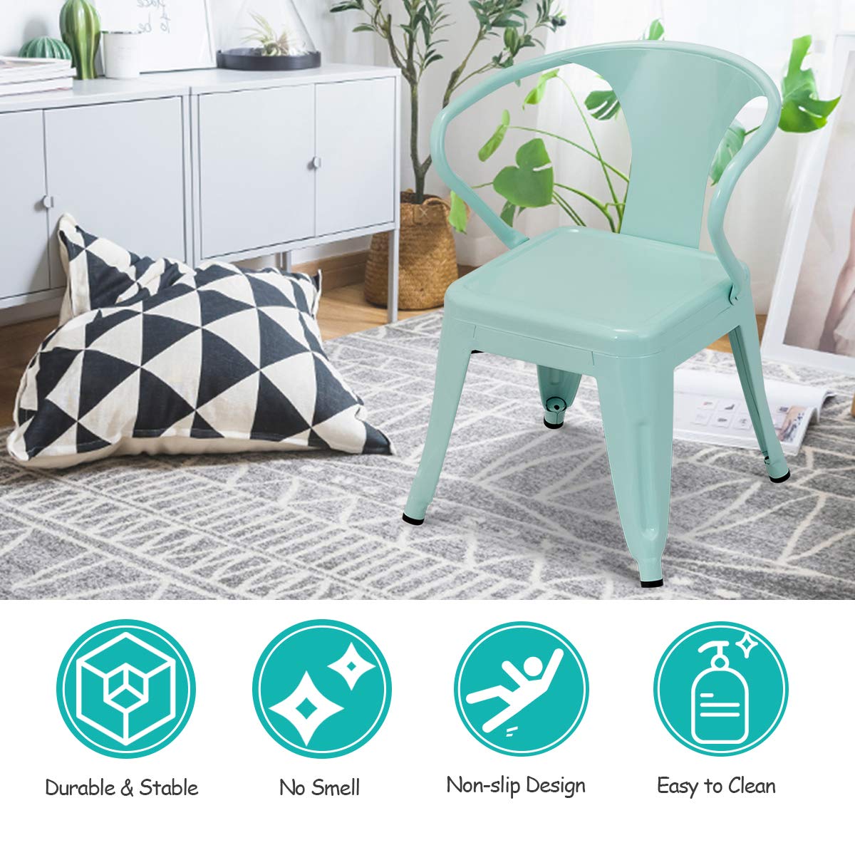 Costzon Set of 2 Kids Steel Chair w/Backrest Industrial Activity Chair, Stackable for Indoor/Outdoor Use, Preschool, Bedroom, Playroom, Steel Chair for Toddlers Boys & Girls (Mint Green, 2 Chairs)