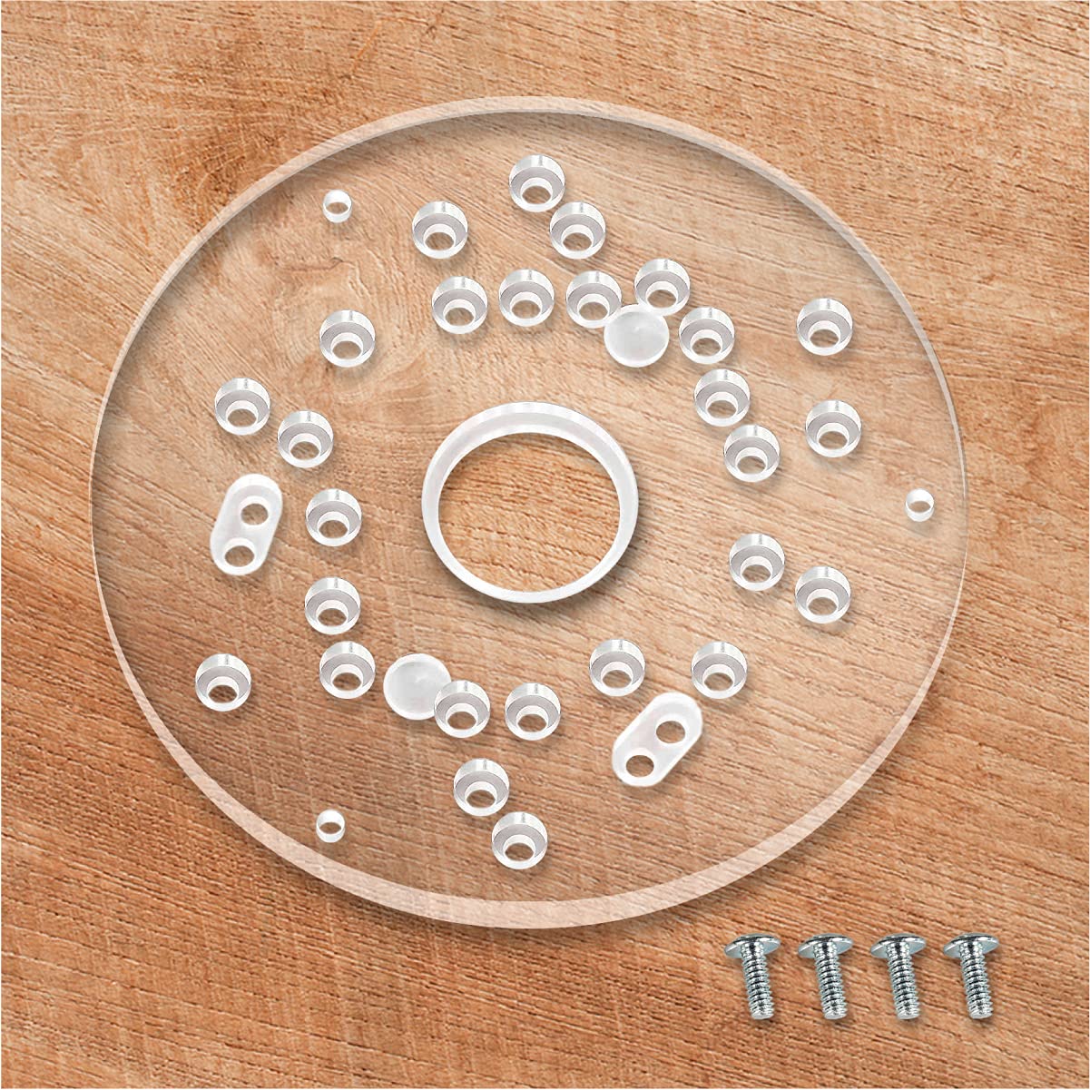 POWERTEC Dia 5-3/4" Router Base Plate, Clear Acrylic with Multiple Predrilled Holes, w/Screws for Trim Routers, Fits Bosch, DeWalt, Makita, Porter Cable, Ryobi, See Chart for Specific Models (71381)