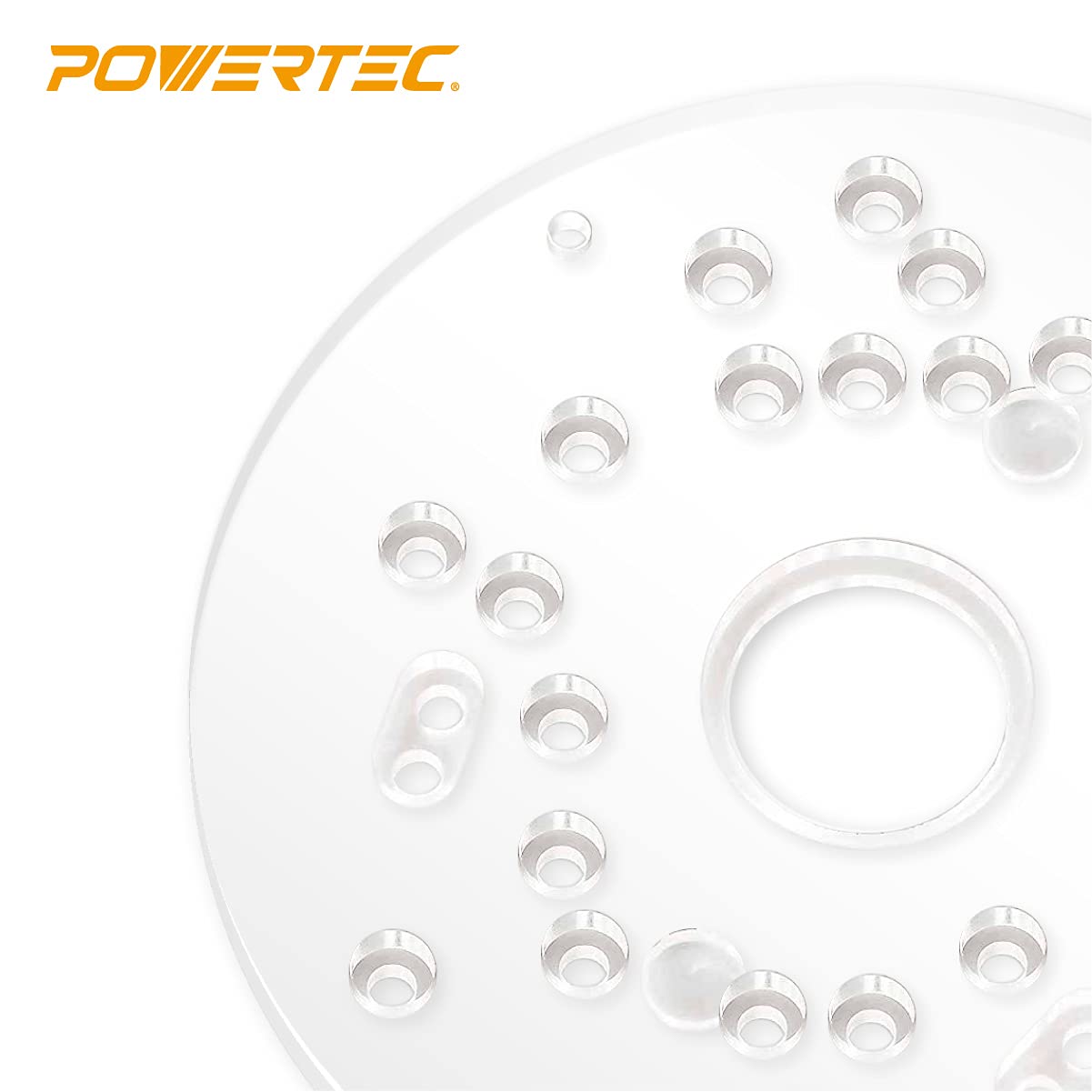 POWERTEC Dia 5-3/4" Router Base Plate, Clear Acrylic with Multiple Predrilled Holes, w/Screws for Trim Routers, Fits Bosch, DeWalt, Makita, Porter Cable, Ryobi, See Chart for Specific Models (71381)