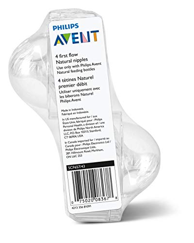 Philips Avent Natural Baby Bottle First Flow Nipple, 0M+, 4pack, Flow 0, SCF657/43