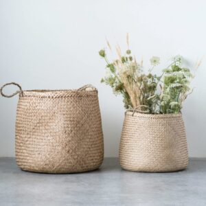 Creative Co-Op Beige Woven Seagrass Basket with Handles (Set of 2 Sizes)