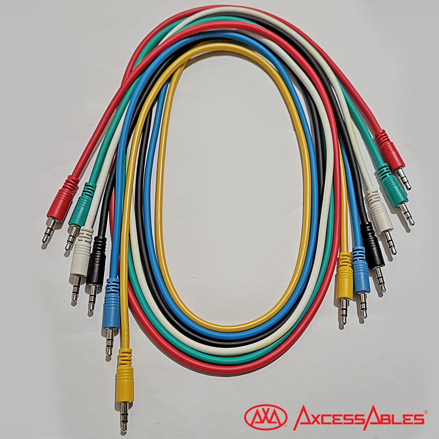 AxcessAbles 1/8 (3.5mm) TRS to 1/8 (3.5mm) TRS Balanced Minijack Stereo Patch Cables| Headphone Jack|1/8 aux Cable Bundle| 3.5mm Stereo Aux Audio Cables Multi-Color 6-Pack (1.5ft)