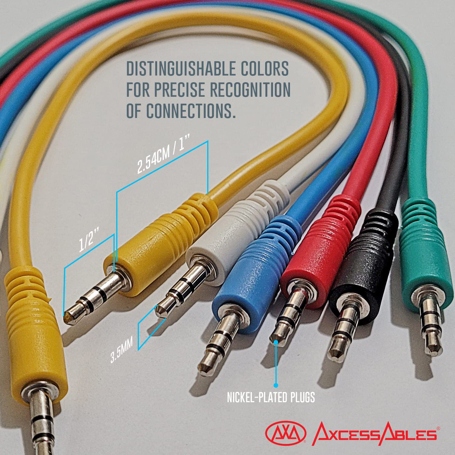 AxcessAbles 1/8 (3.5mm) TRS to 1/8 (3.5mm) TRS Balanced Minijack Stereo Patch Cables| Headphone Jack|1/8 aux Cable Bundle| 3.5mm Stereo Aux Audio Cables Multi-Color 6-Pack (1.5ft)