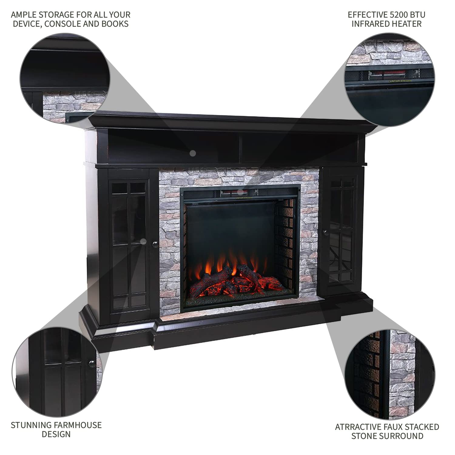 Allen Home Bennett 66 inch Freestanding Electric Fireplace TV Stand - Farmhouse Ebony, ASMM-017-2866-S502-T