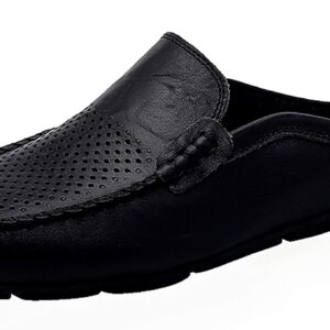 Go Tour Mens Mules Clog Slippers Breathable Leather Slip on Shoes Casual Loafers Black Punched 13/50