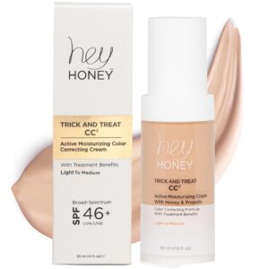 hey honey trick and treat cc cream spf 46 | active moisturizing color correcting cream with honey & propolis | best cover for rosacea, skin redness & mature skin | cruelty-free | 1 oz (light-medium)