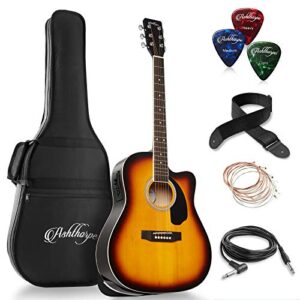 ashthorpe full-size dreadnought cutaway acoustic-electric guitar bundle - premium tonewoods - sunburst