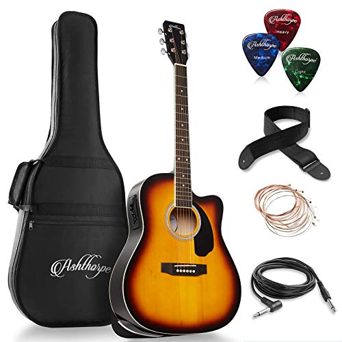 Ashthorpe Full-Size Dreadnought Cutaway Acoustic-Electric Guitar Bundle - Premium Tonewoods - Sunburst