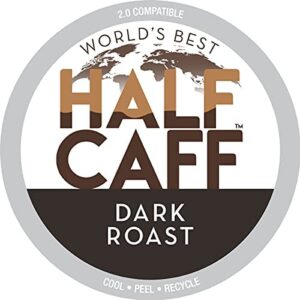 world's best half caff dark roast coffee 24ct. solar energy produced recyclable single serve dark roast coffee pods - 100% arabica coffee california roasted, kcup compatible