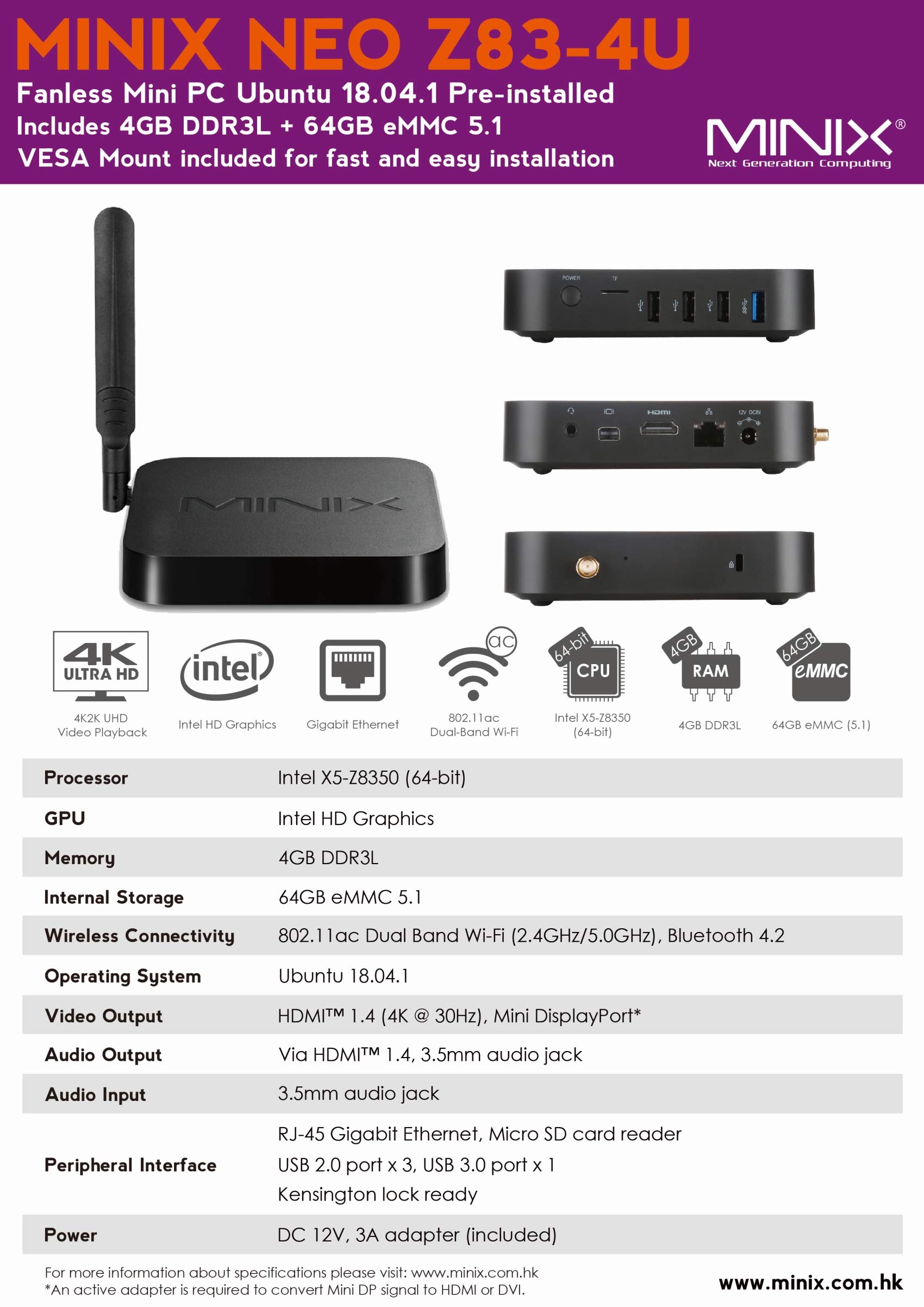 MINIX NEO Z83-4U, Fanless Mini PC Ubuntu 18.04.1 Pre-Installed [4GB/64GB eMMC 5.1/ VESA Mount/Dual-Band Wi-Fi/Gigabit Ethernet/4K/Mini DP/Auto Power On]. Sold Directly Technology Limited.