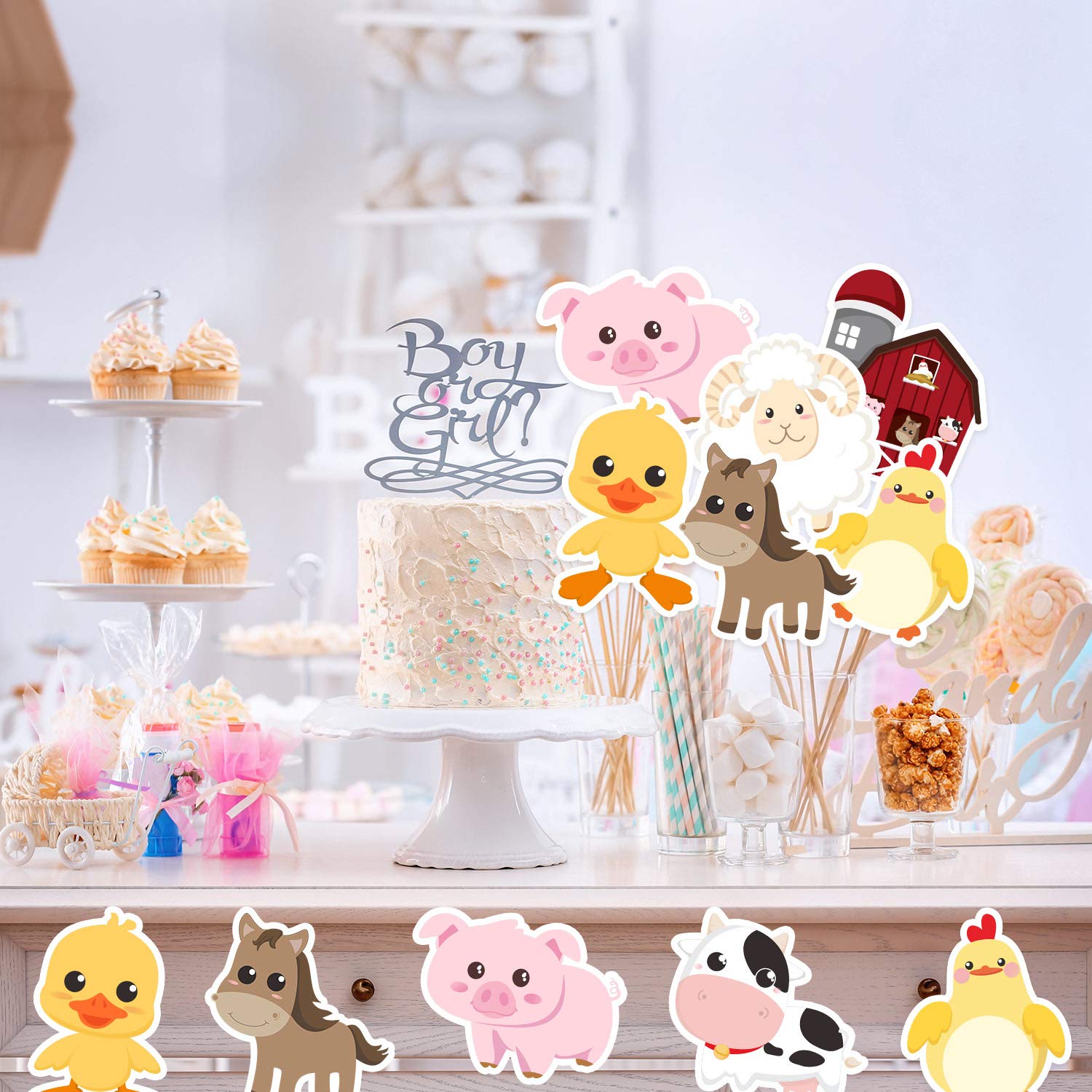 35 Pieces Farm Animals Decor Farm Animal Party Decorations and Supplies, Farm Animal Cutouts for Baby Shower, Birthday Party Essentials with 80 Glue Point Dots