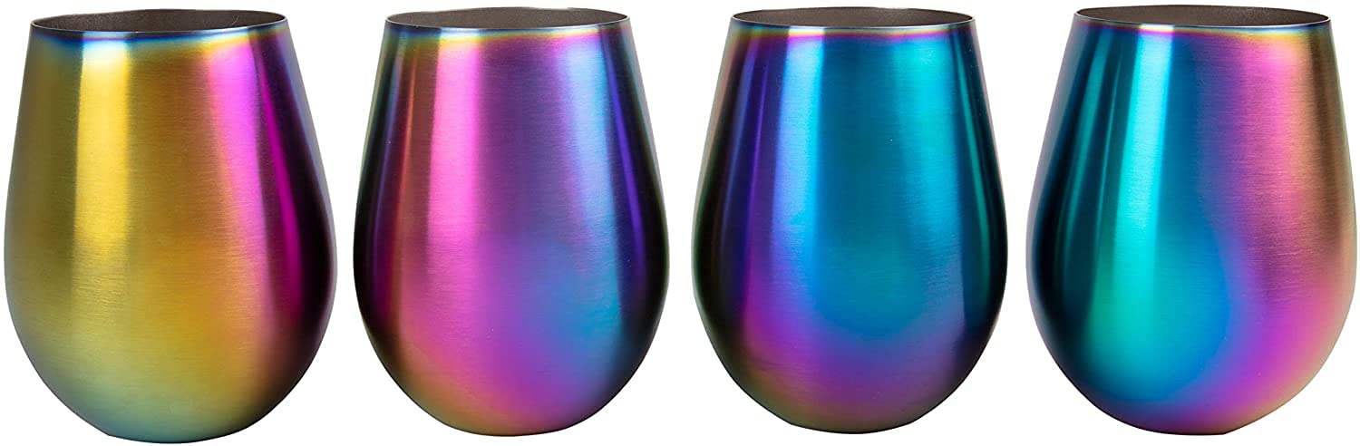 D'Eco Unbreakable Holographic Stainless Steel Wine Glasses (16 oz, Set of 4)- Shatterproof, Reusable Tumbler Glassware- Indoor Outdoor Drinkware for Entertaining & Parties - Keeps Beverage Cool Longer