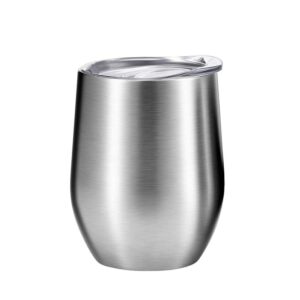 stainless steel stemless wine glass tumbler with lid, 12 oz | double wall vacuum insulated travel tumbler cup for coffee, wine, cocktails, ice cream - silver